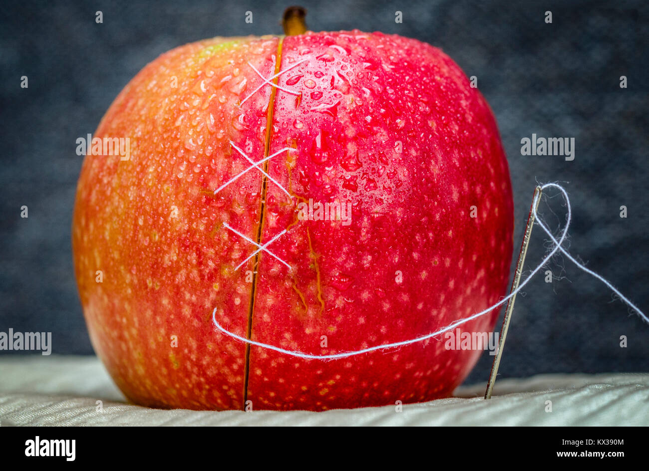 A red apple is sliced and stitched back up with a needle and thread ...