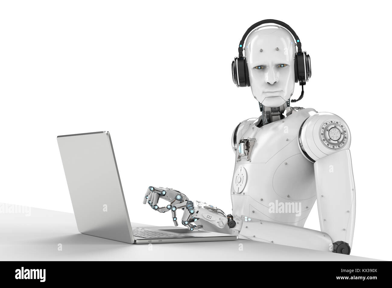 3d rendering humanoid robot working with headset and notebook Stock ...