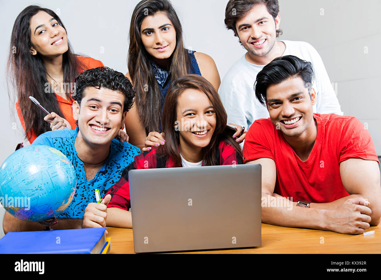 Group Indian College Students Friends Laptop Study In Class Education ...
