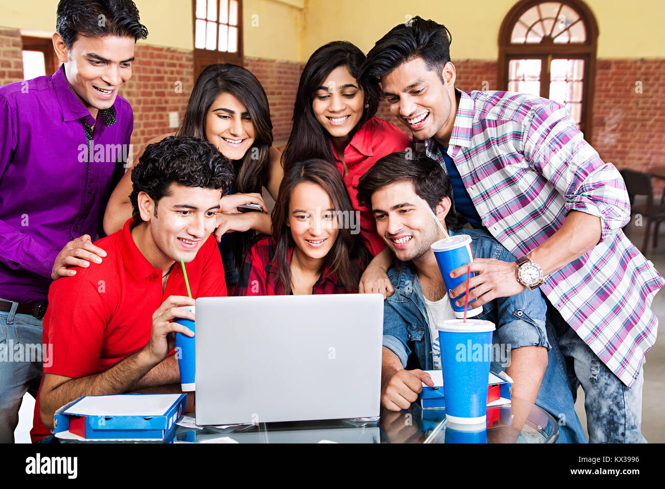 Group Indian College Students Friends Using Laptop In Cafeteria Stock ...