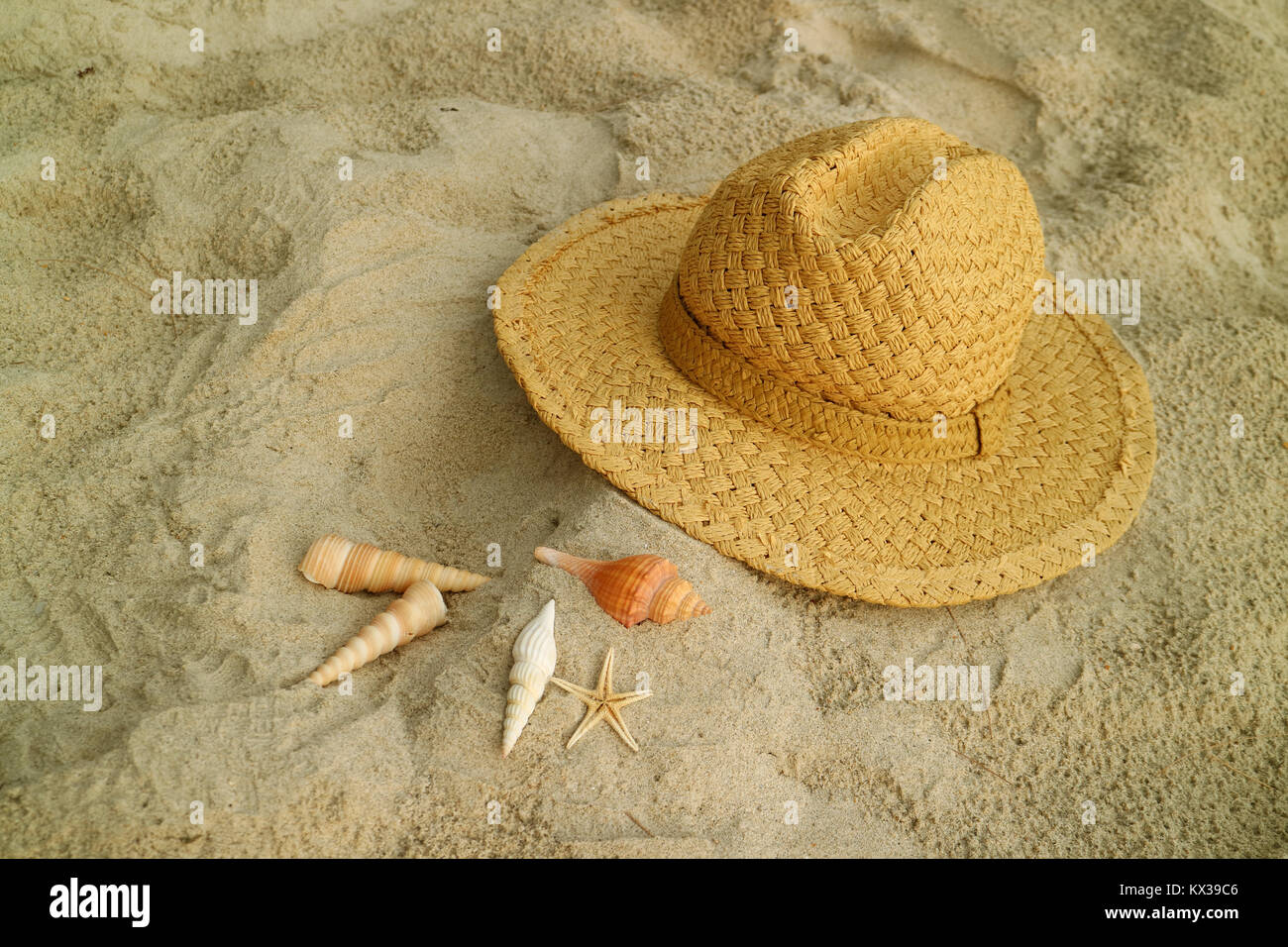 Natural color straw hat with many types of little sea shells scattered ...