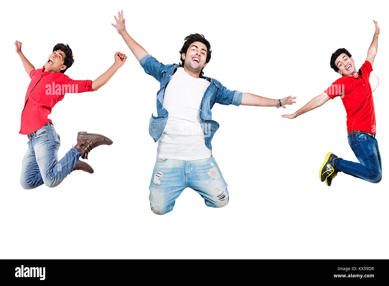 3 Indian Young Boy Friends Jumping Fun Cheerful Successful Celebrating ...