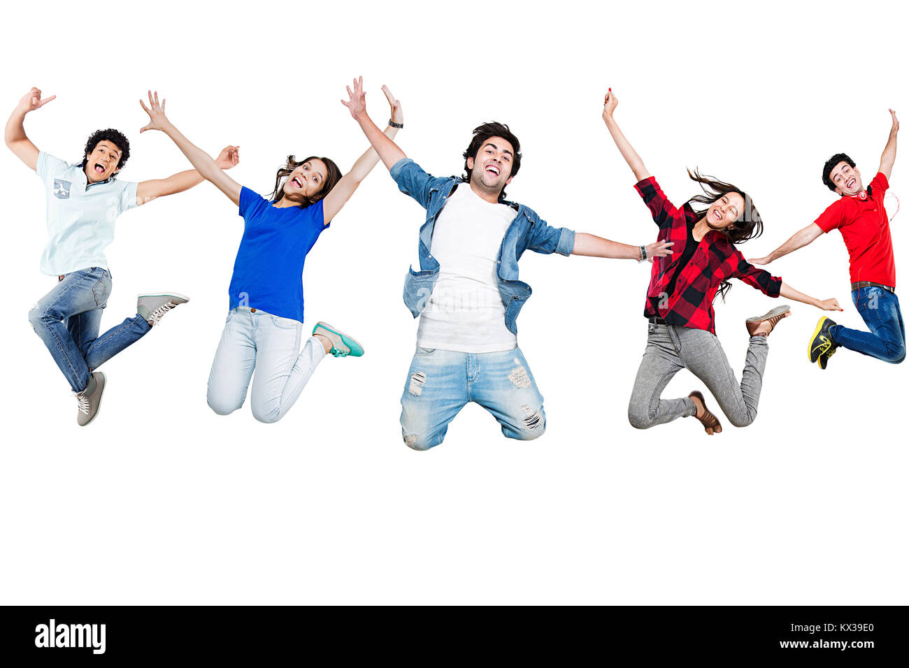 Happy Group Indian College Friends Jumping Fun Cheerful Successful