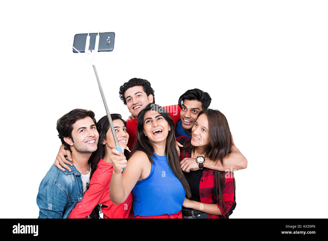 Indian Group Young Friends Taking Selfie Phone Stick Fun Cheerful Stock ...