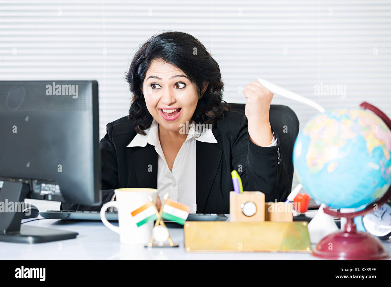 Shocked 1 Businesswoman Employee Watching Computer Goodnews Stock Photo ...