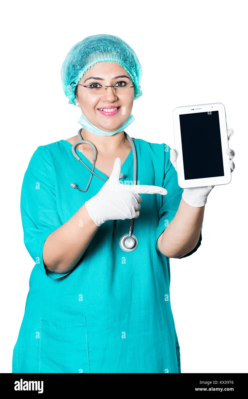 Indian Surgeon Female Doctor Showing Mobile Tablet Pointing Finger ...