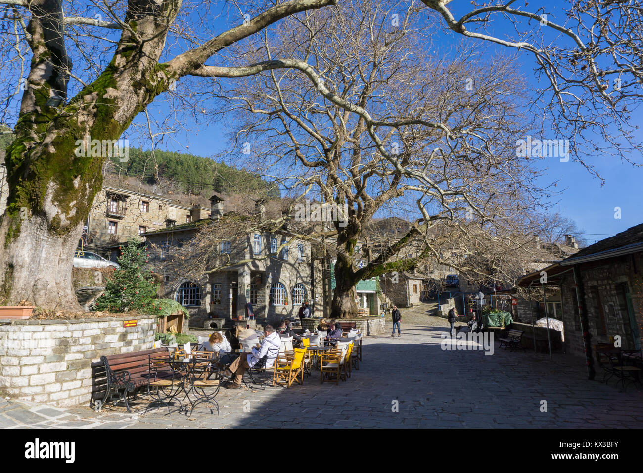 Main street of Tsepelovo village in Zagorochoria of Epirus in Greece ...
