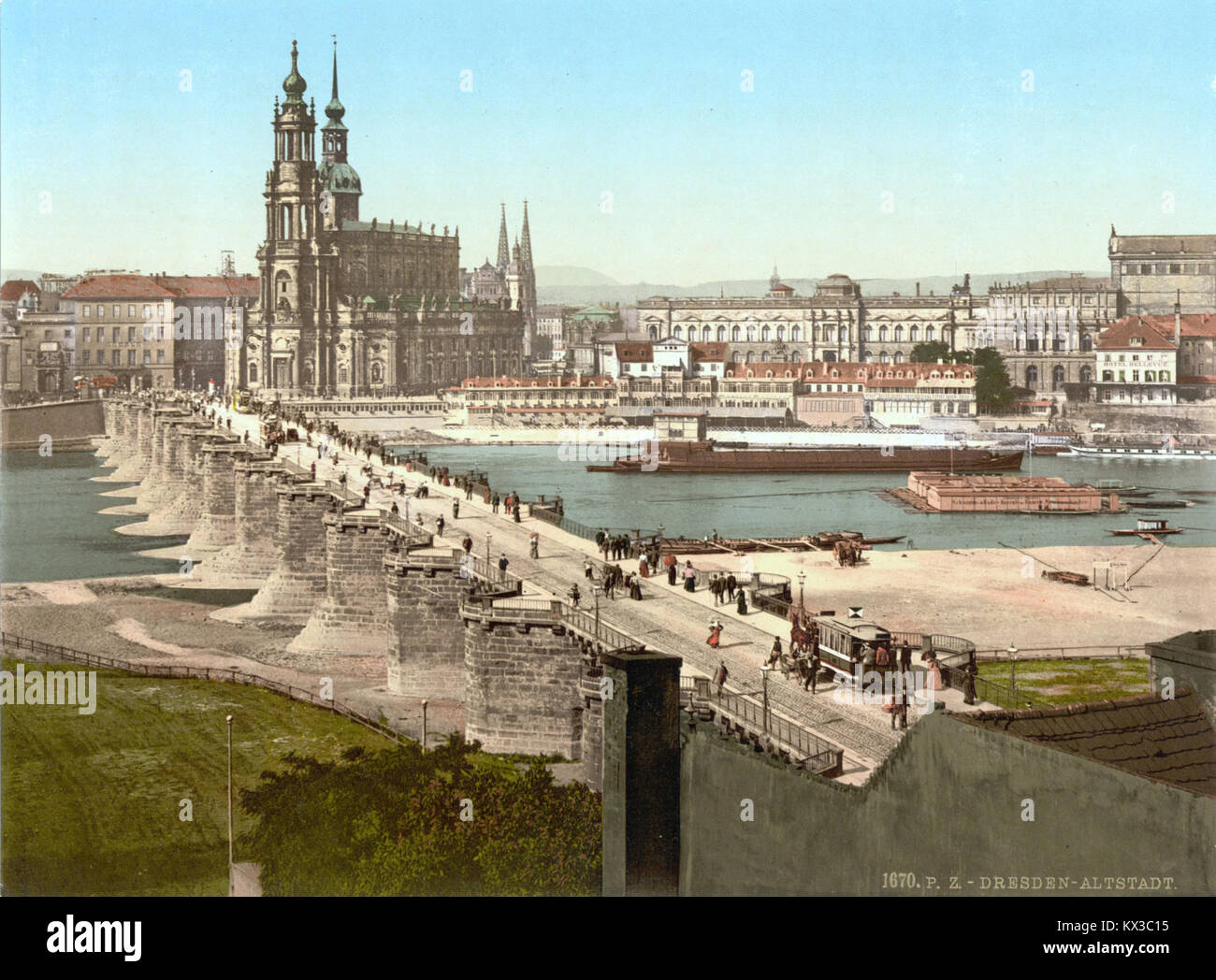 A historic photograph of the Augustus Bridge in Dresden taken in 1900 ...