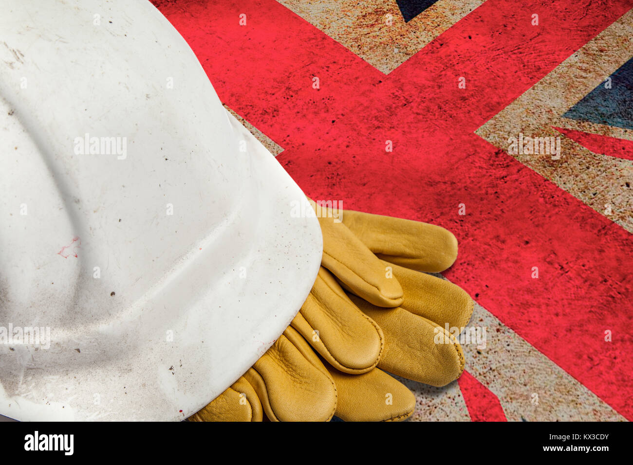 Construction Workers Hard Hat and Gloves on flag of Great Britain Stock ...