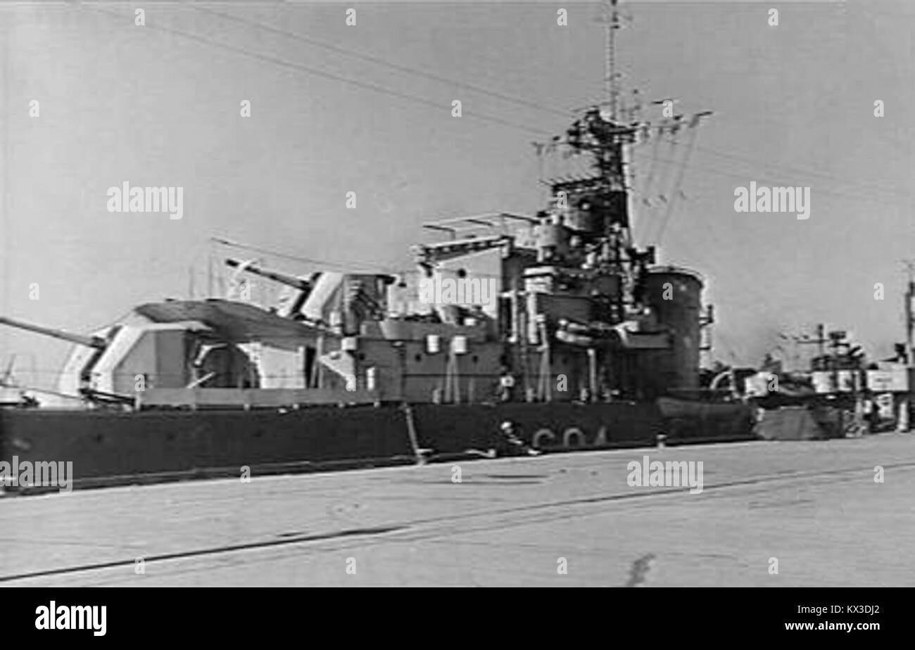 A 1946 photograph of the Dutch destroyer HNLMS Piet Hein (G94) docked ...