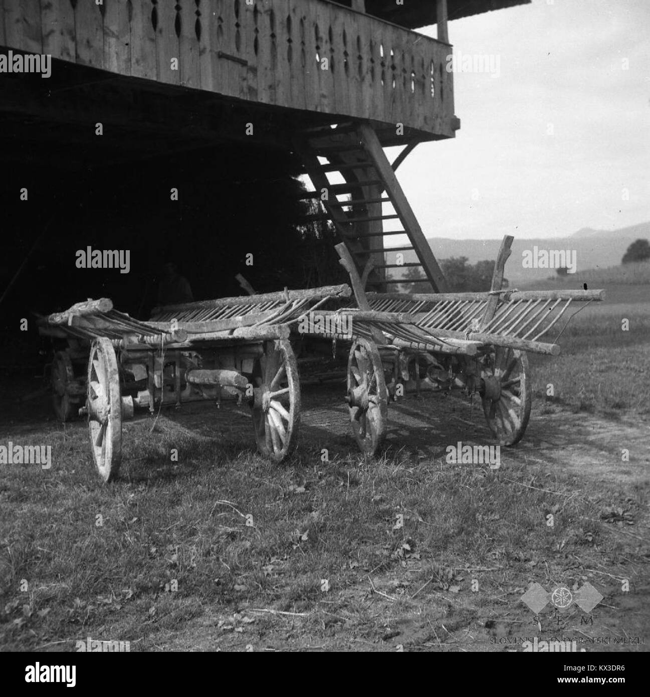 Two traditional carts photographed in Cvibelj, 1957, showing a handcart ...