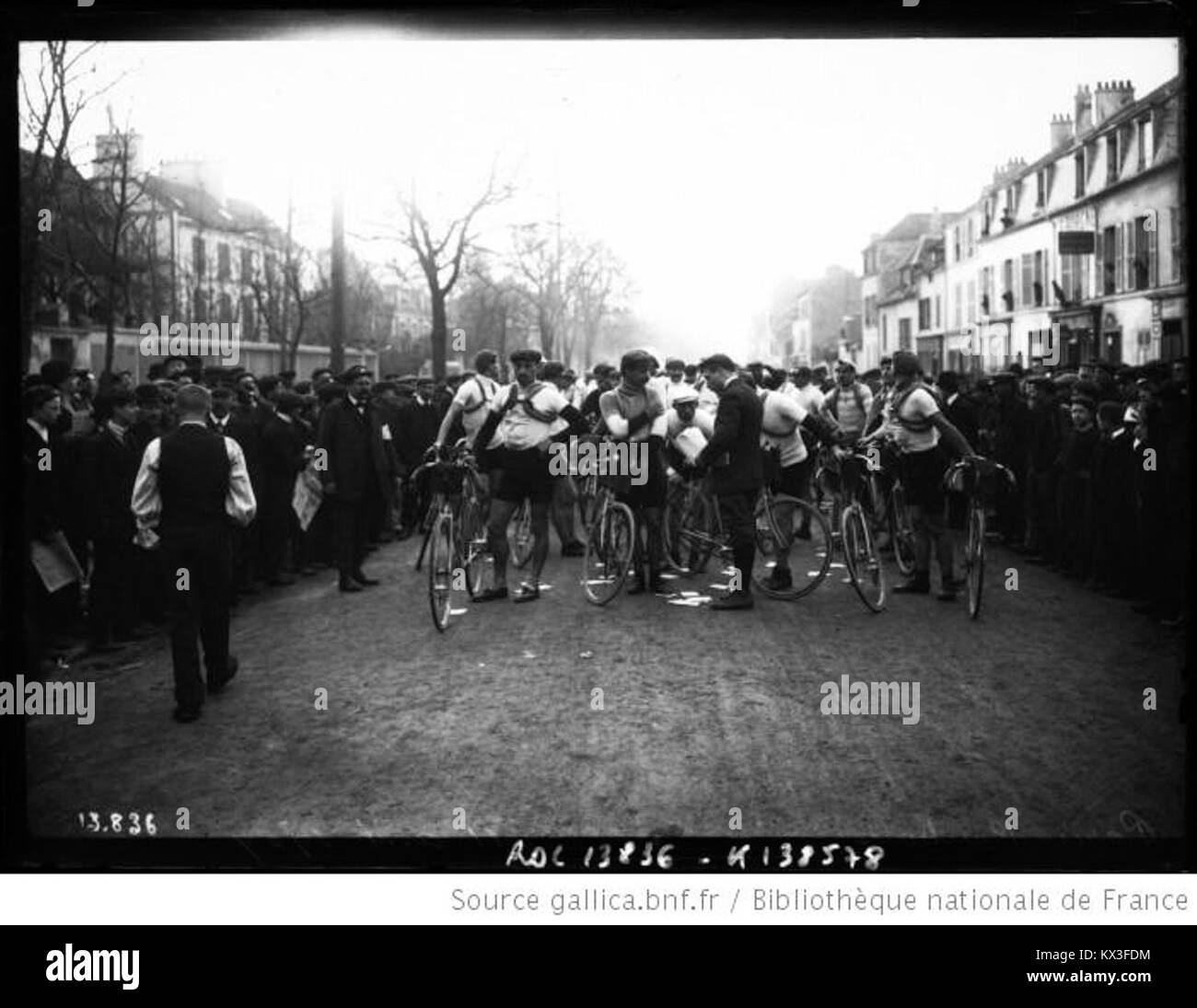 A historical photograph capturing the start of the 1909 Paris-Roubaix ...