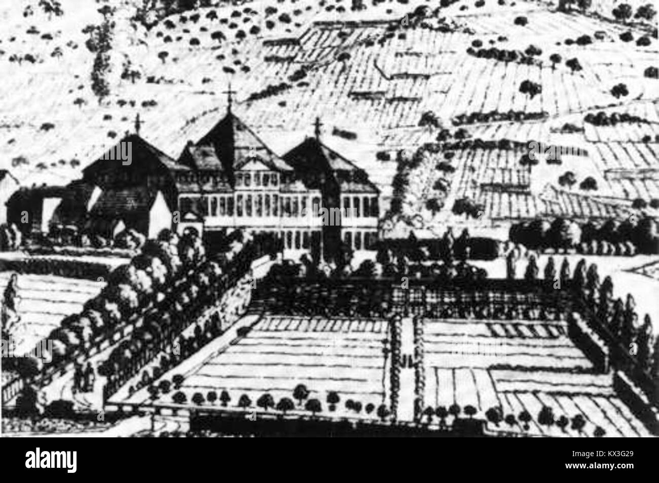 The image represents a view of D.W. Leininger Schloss, a historical ...