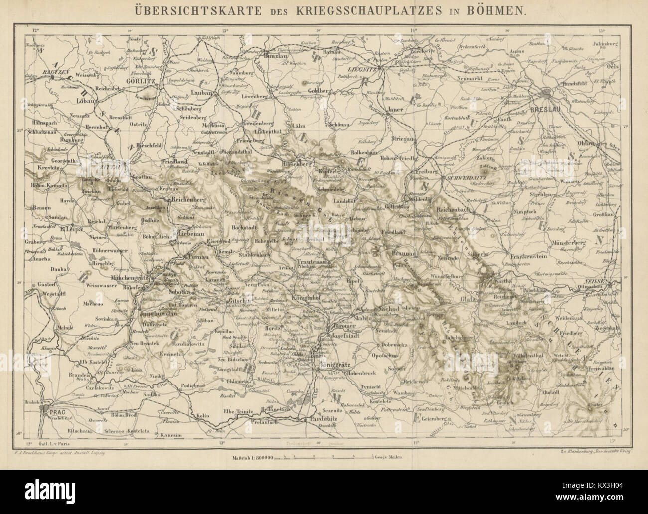A historical map depicting the war theatre in Bohemia, showing ...