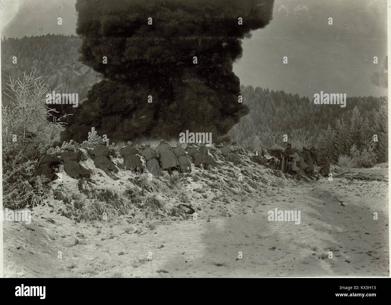 Photograph of a military exercise using a flamethrower, showing ...