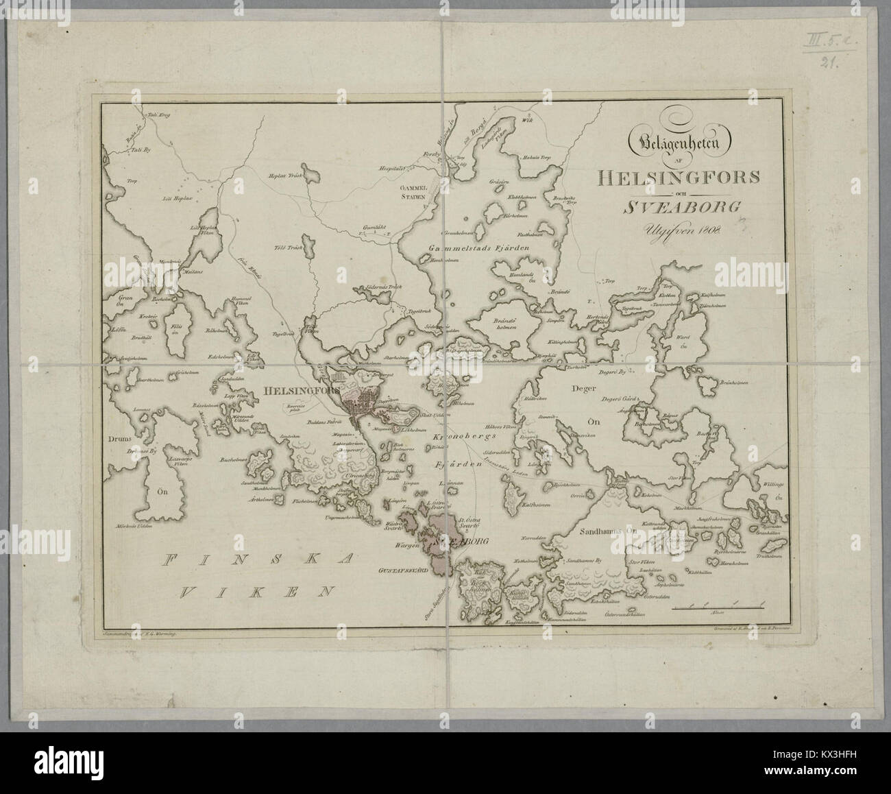 Map or depiction of Helsinki and Sveaborg in 1808, showing the ...