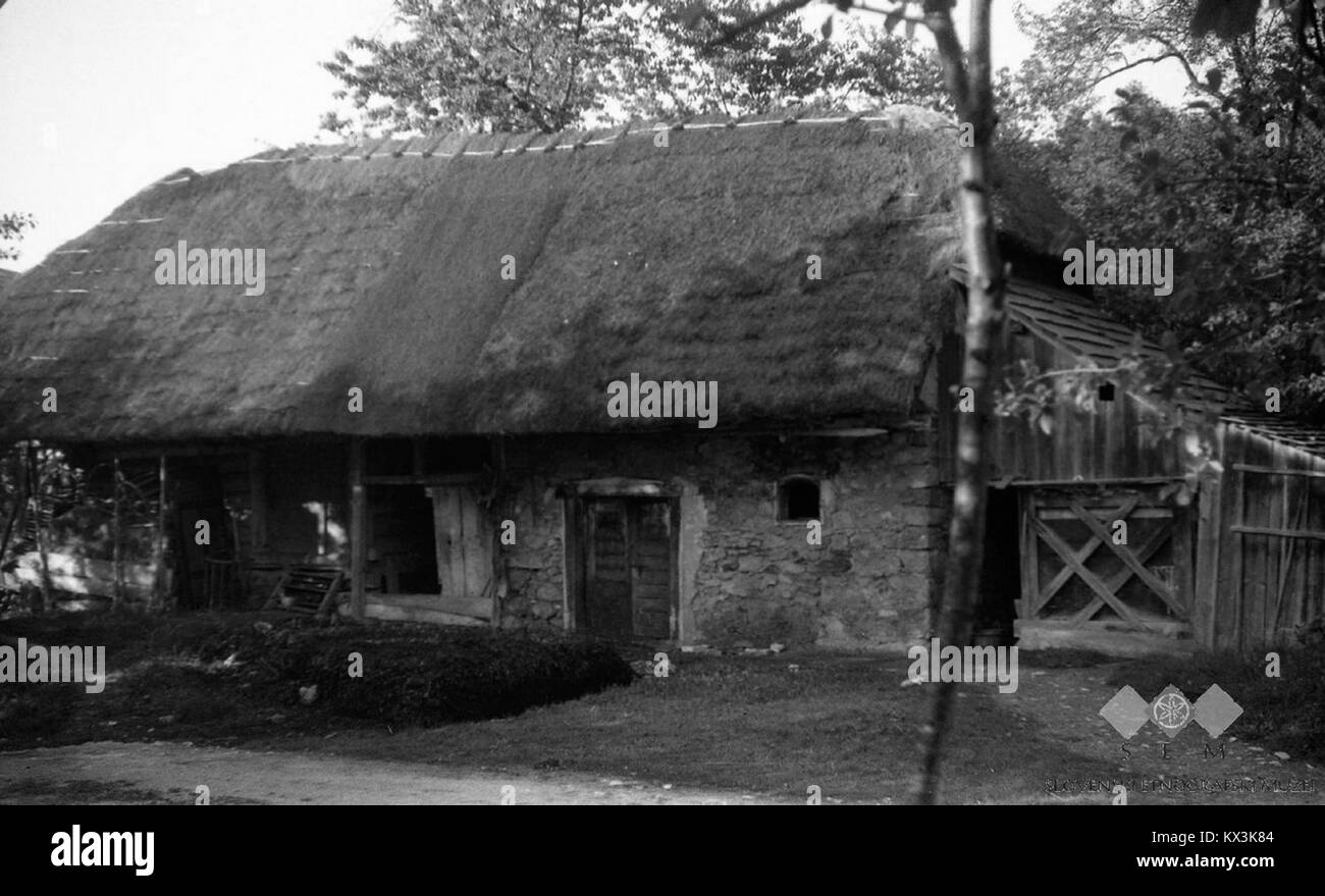A 1964 photograph of a traditional stable ('hlev') with wooden floor ...