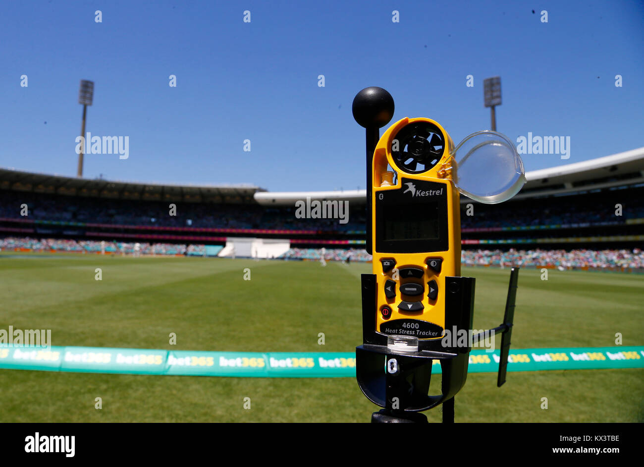 A thermometer on the side of the pitch during day four of the Ashes ...