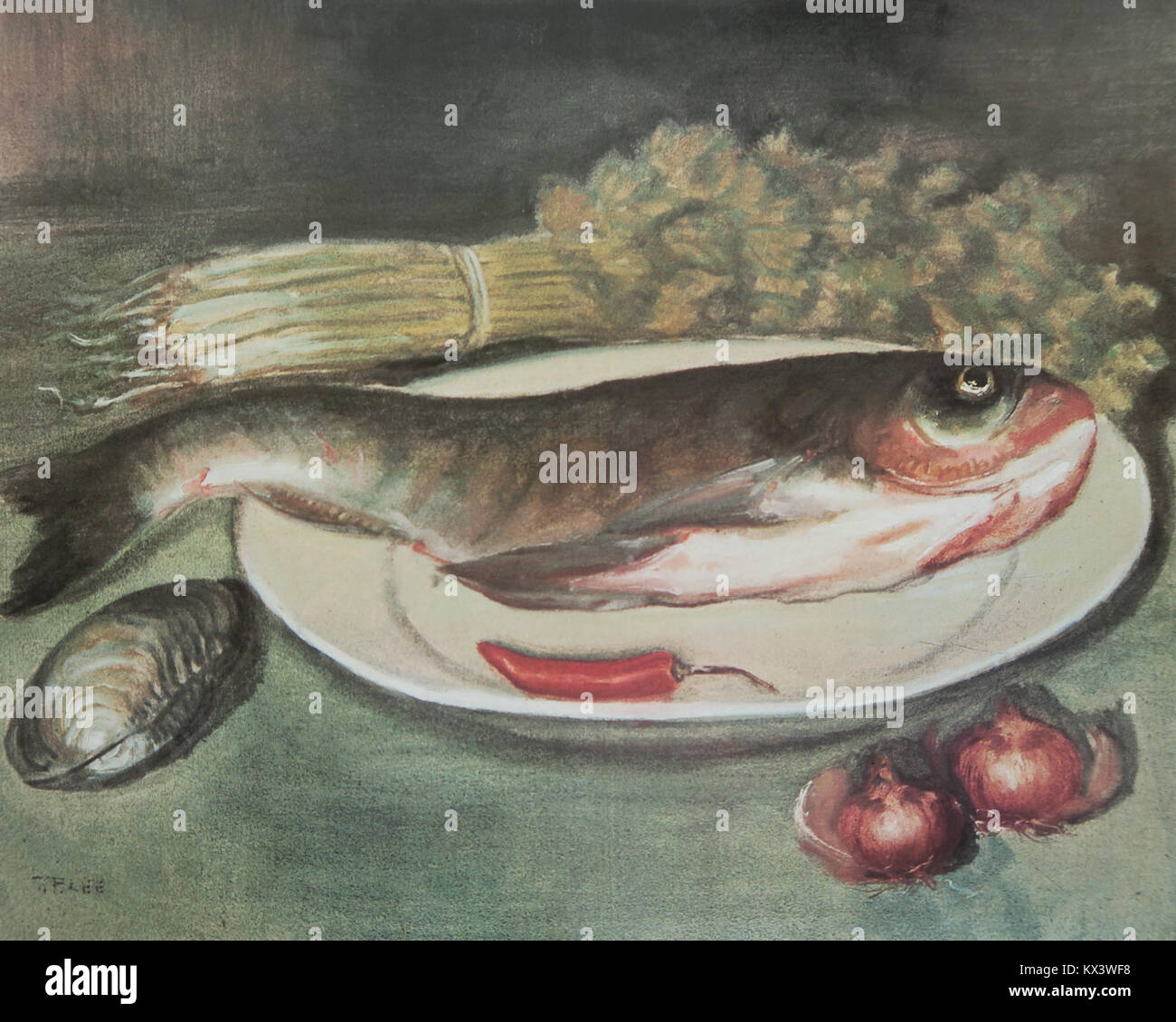 A still-life painting depicting fish and celery, highlighting ...