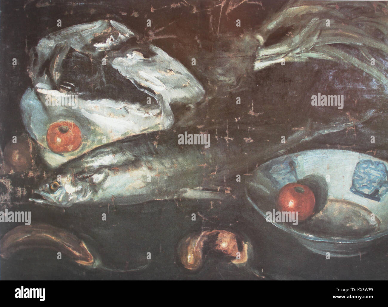 The illustration of fish and eggplant depicts marine and plant subjects ...