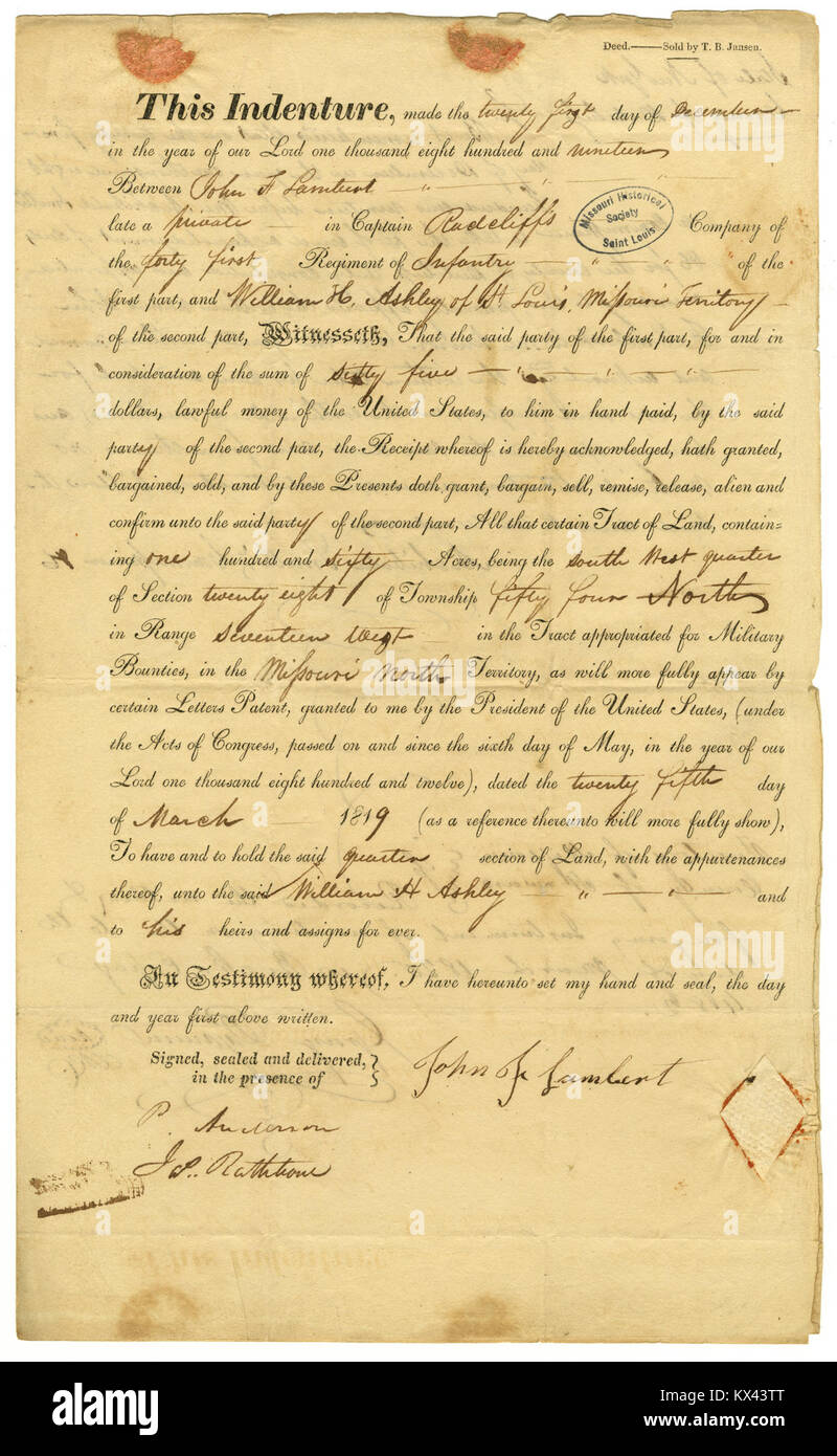 This deed, dated December 21, 1819, transfers 160 acres of land in ...