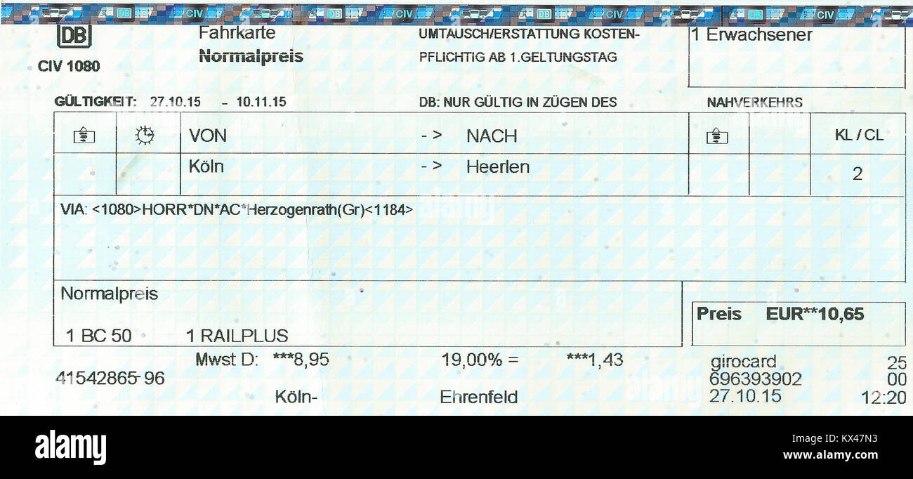 Deutsche Bahn - Automatenticket Köln-Heerlen - BC50, Railplus - 2015 ...