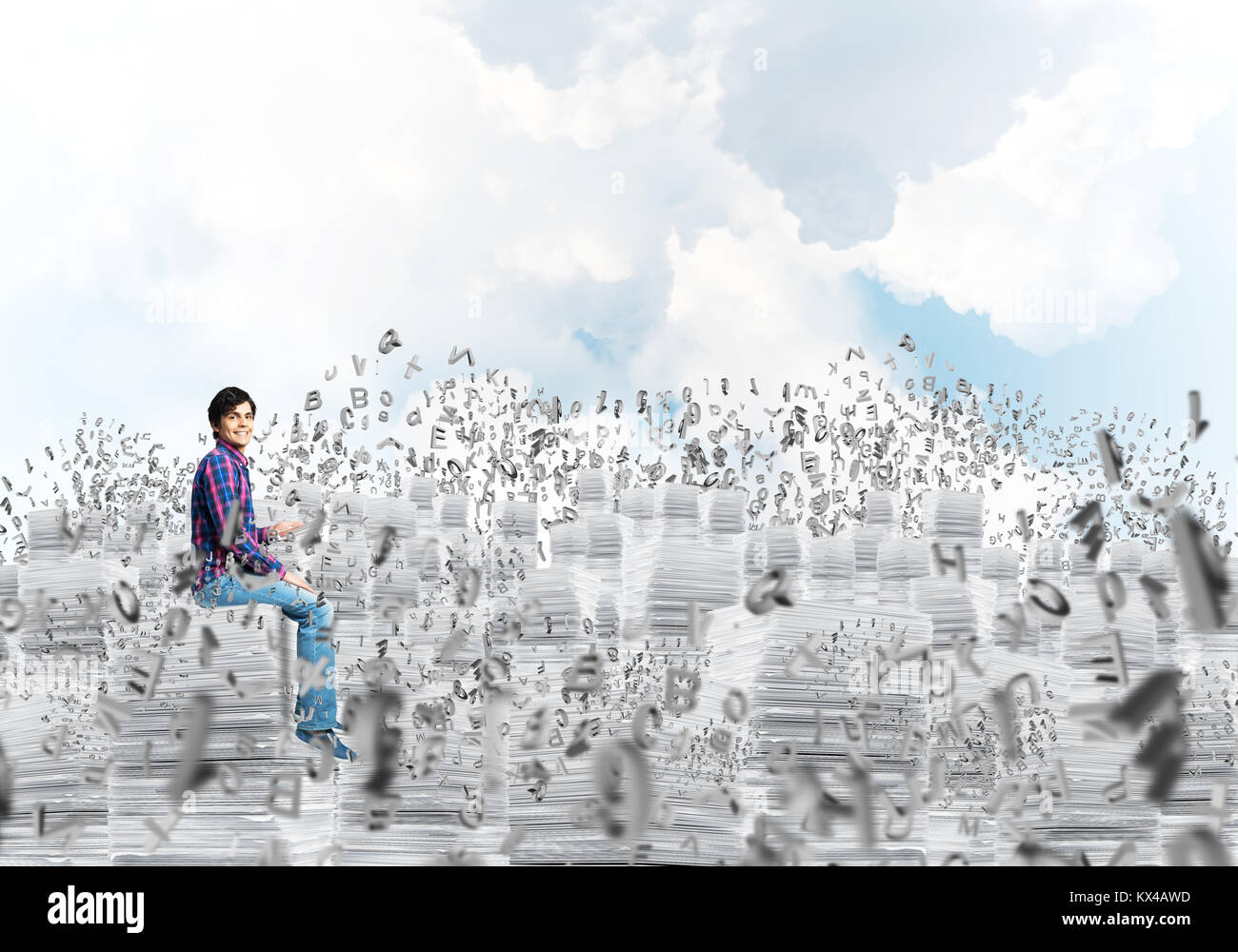Attractive man sitting on pile of paper documents Stock Photo - Alamy