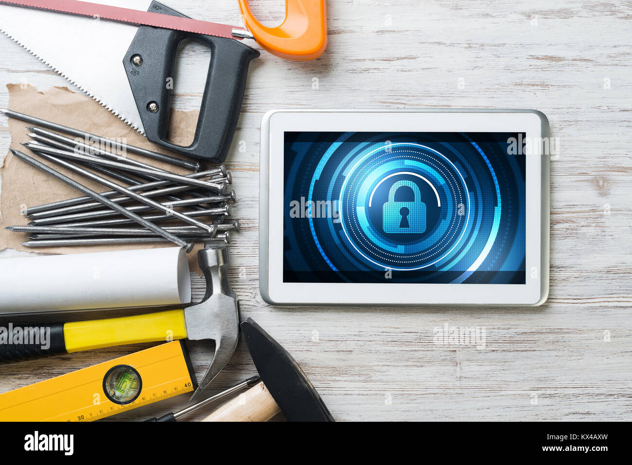 Web security and technology concept with tablet pc on wooden table ...