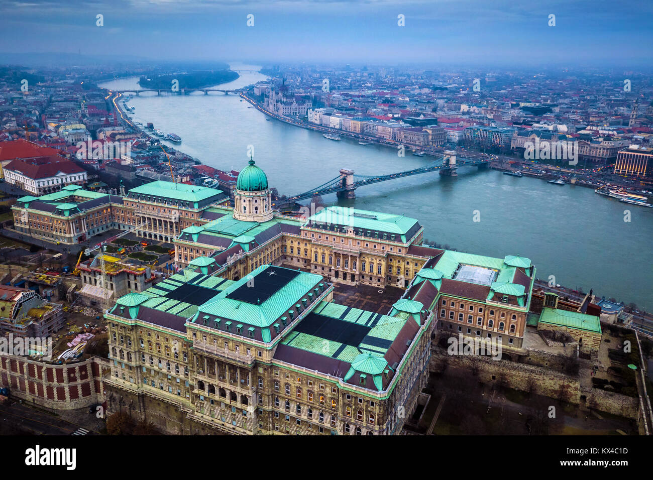 Budapest, Hungary - Aerial drone skyline view of Buda Castle Royal ...