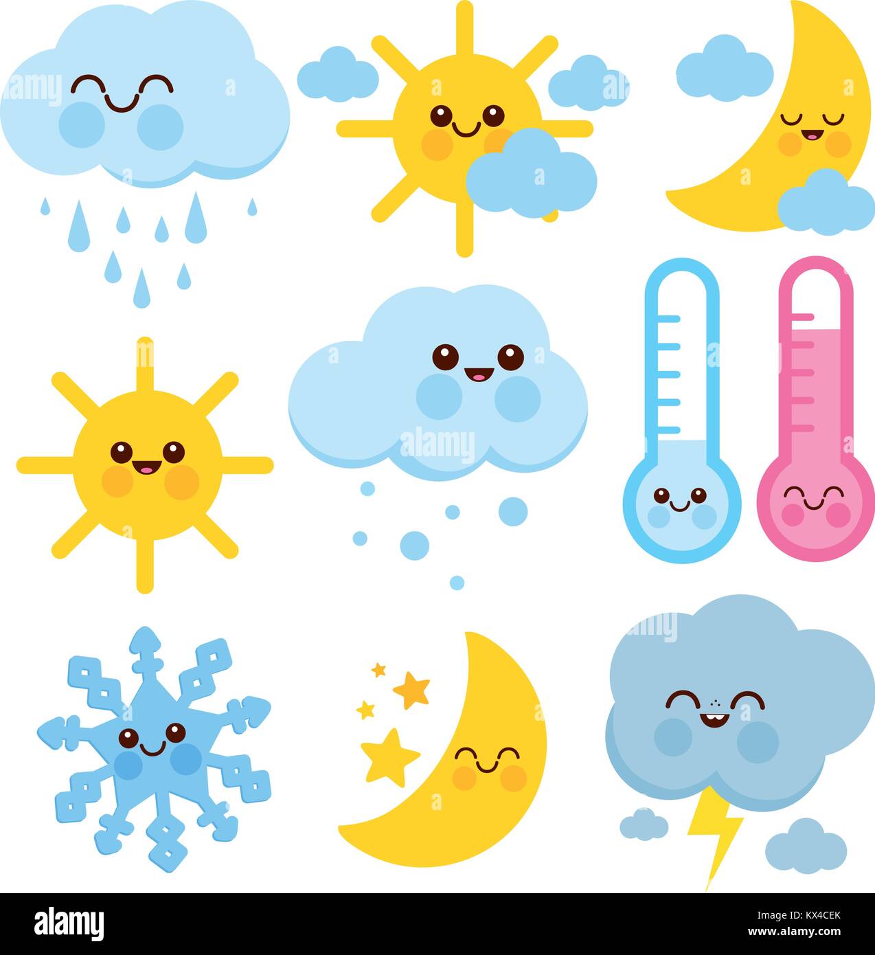 Cute weather and meteorology icons. Sun, rain, storm, clouds and snow ...