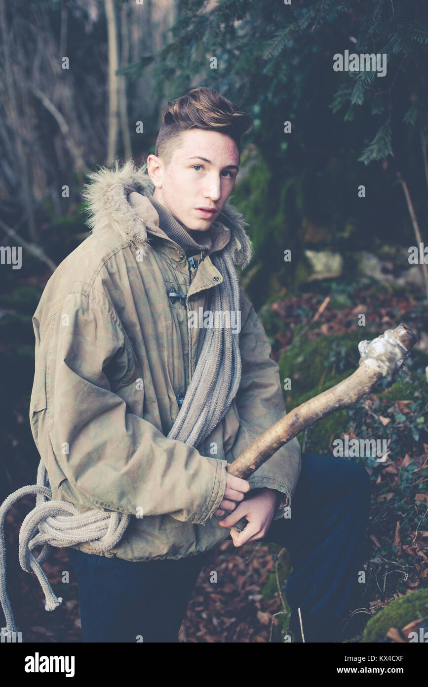 young boy explorer - vintage style photo Stock Photo - Alamy