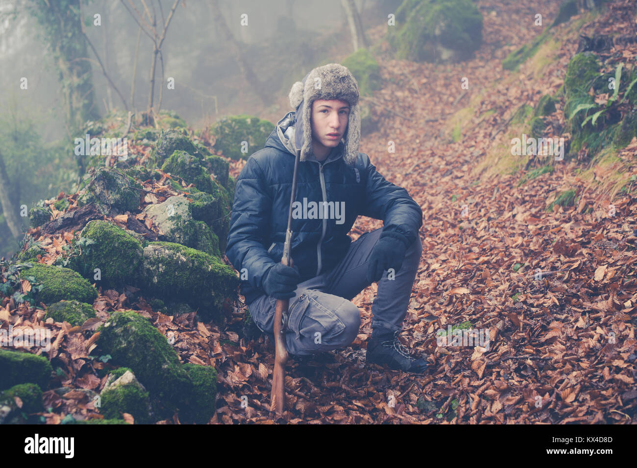 young boy explorer - vintage style photo Stock Photo - Alamy