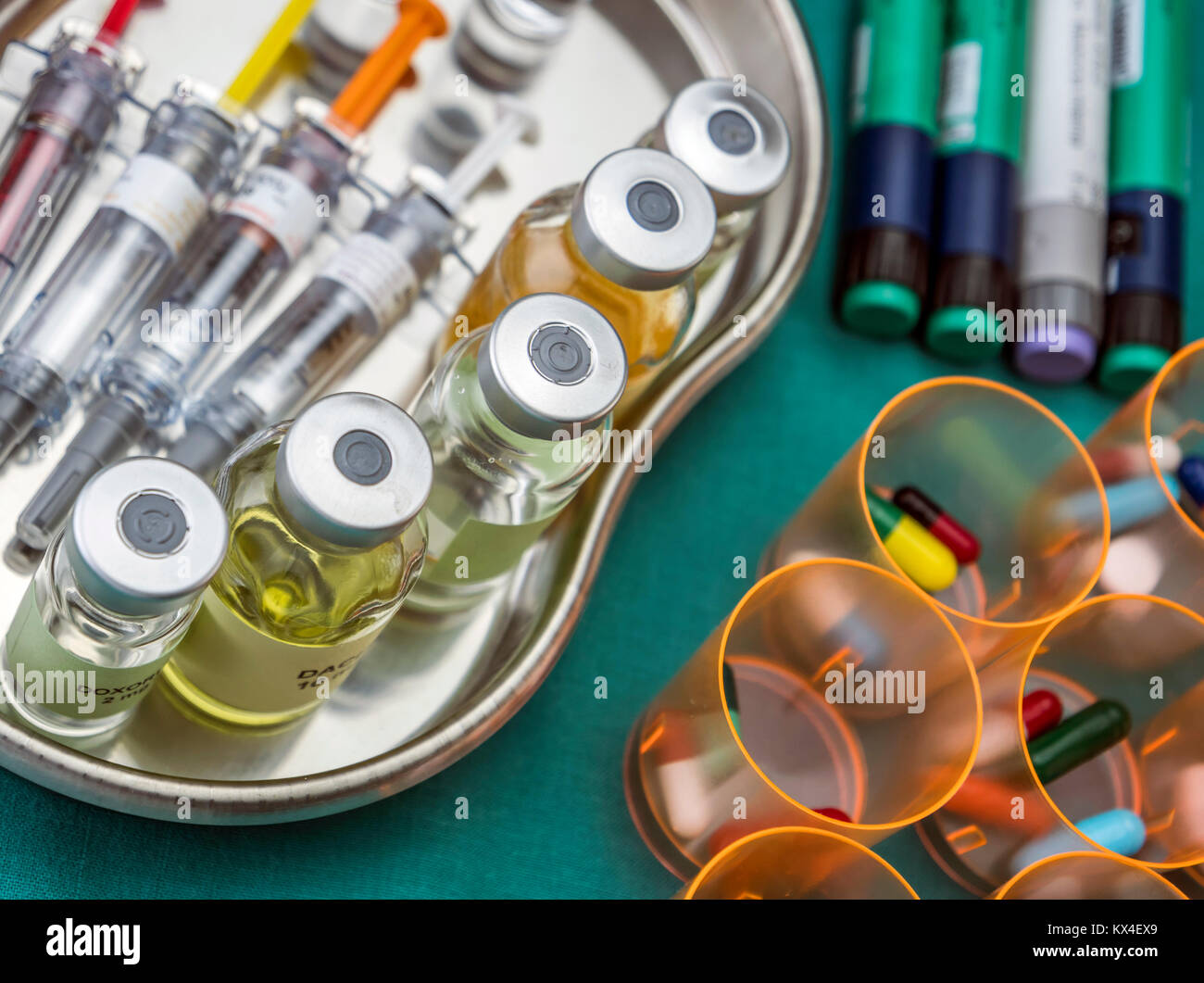 Various vials and medication prepared in the table of palliative care ...
