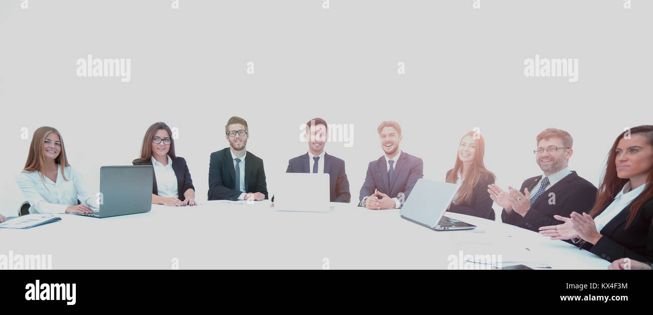 business partners applauding each other at the round table Stock Photo ...