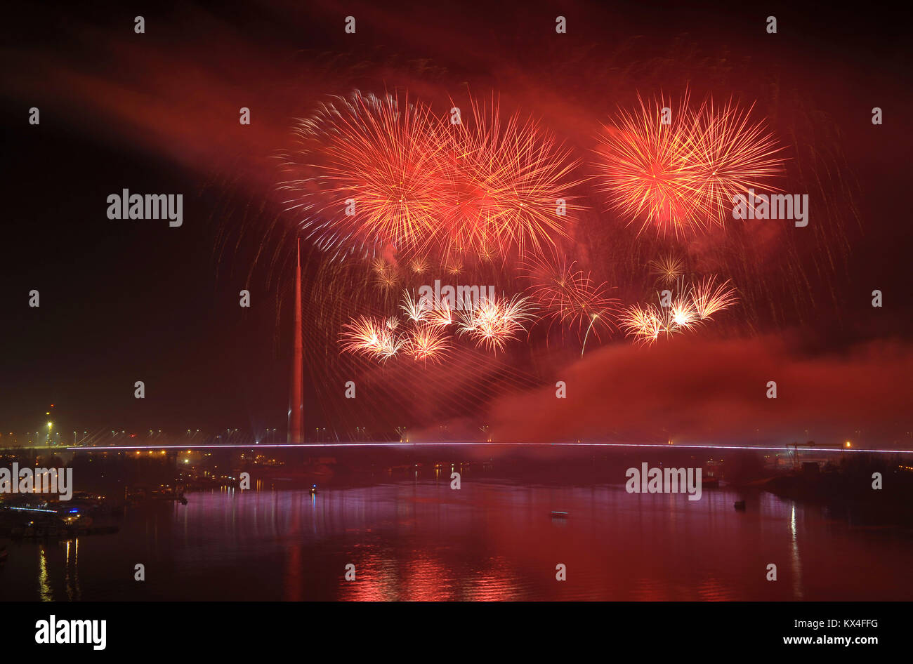 Fireworks above bridge Stock Photo - Alamy