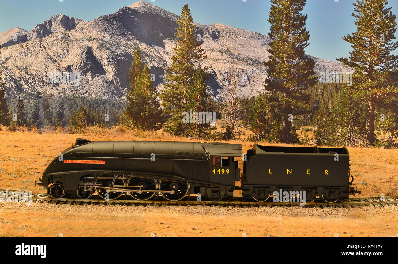 An A4 Pacific Model train set on a scenic landscape Stock Photo - Alamy