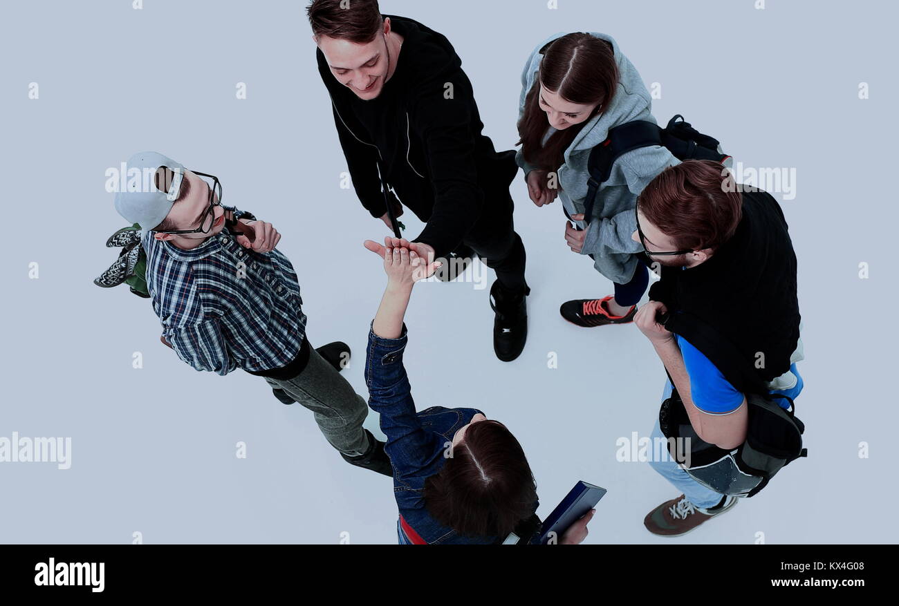 Top view. Happy smiling young group looking at camera Stock Photo - Alamy