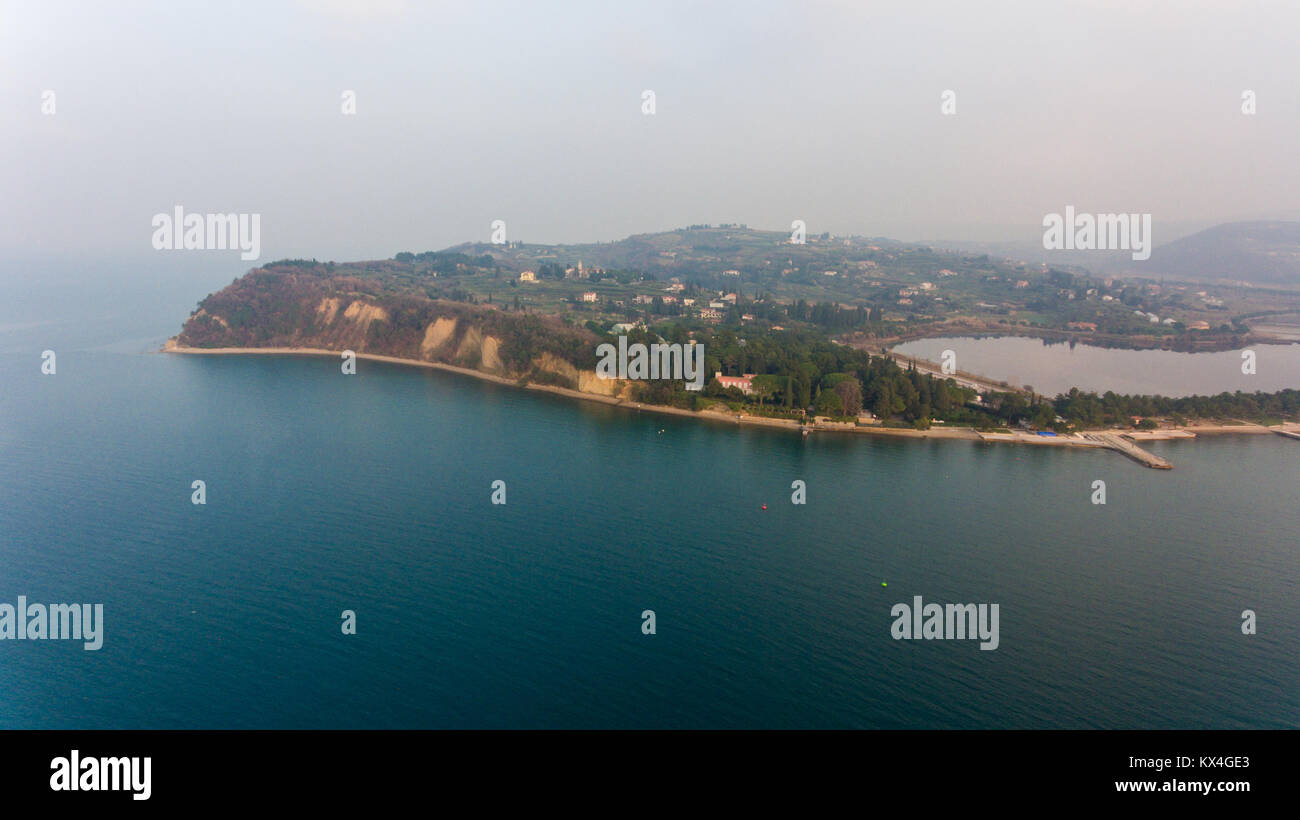 Aerial view of cliffs raising above sea. Strunjan, Slovenia Stock Photo ...