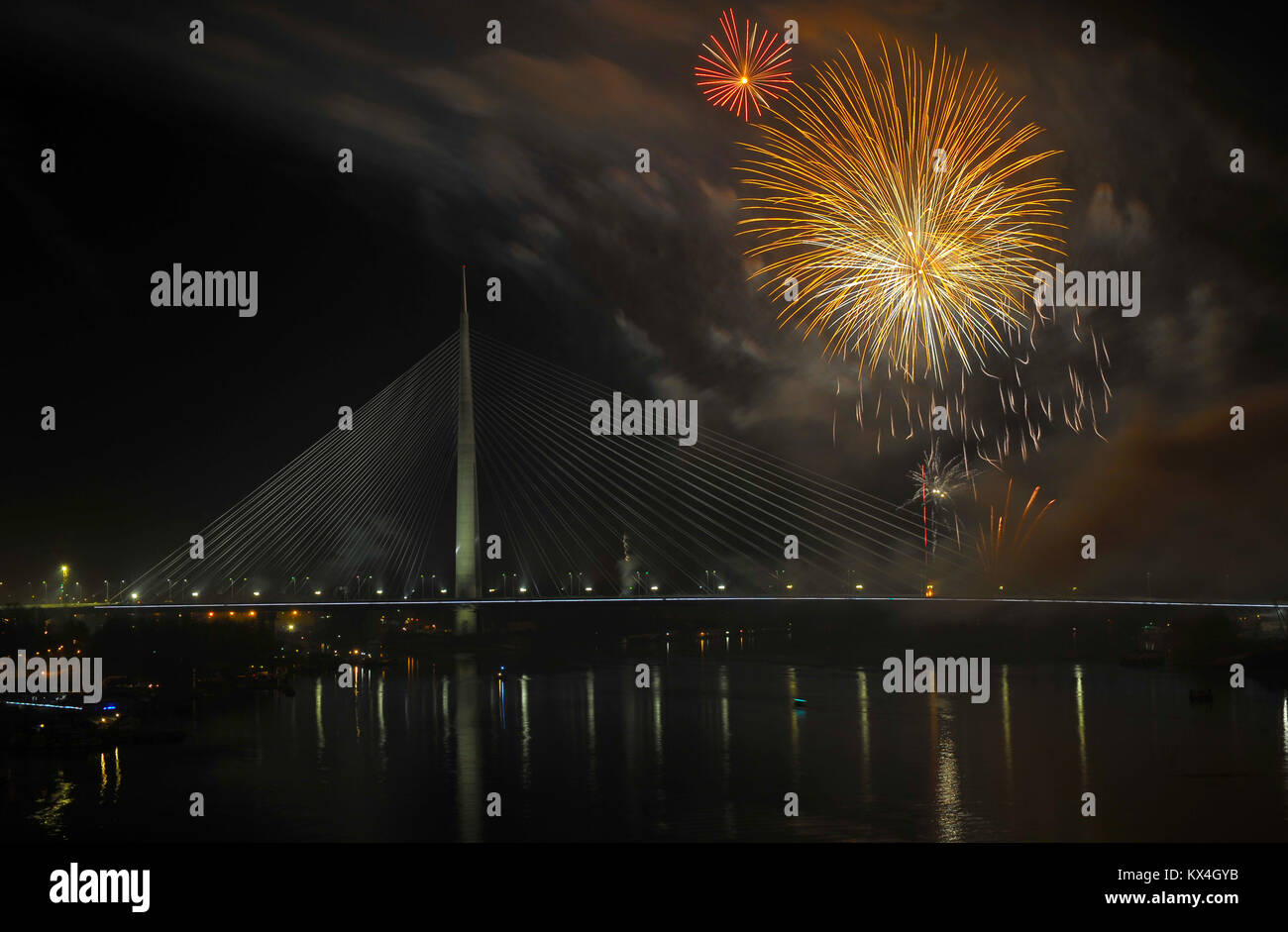 Fireworks above bridge Stock Photo - Alamy