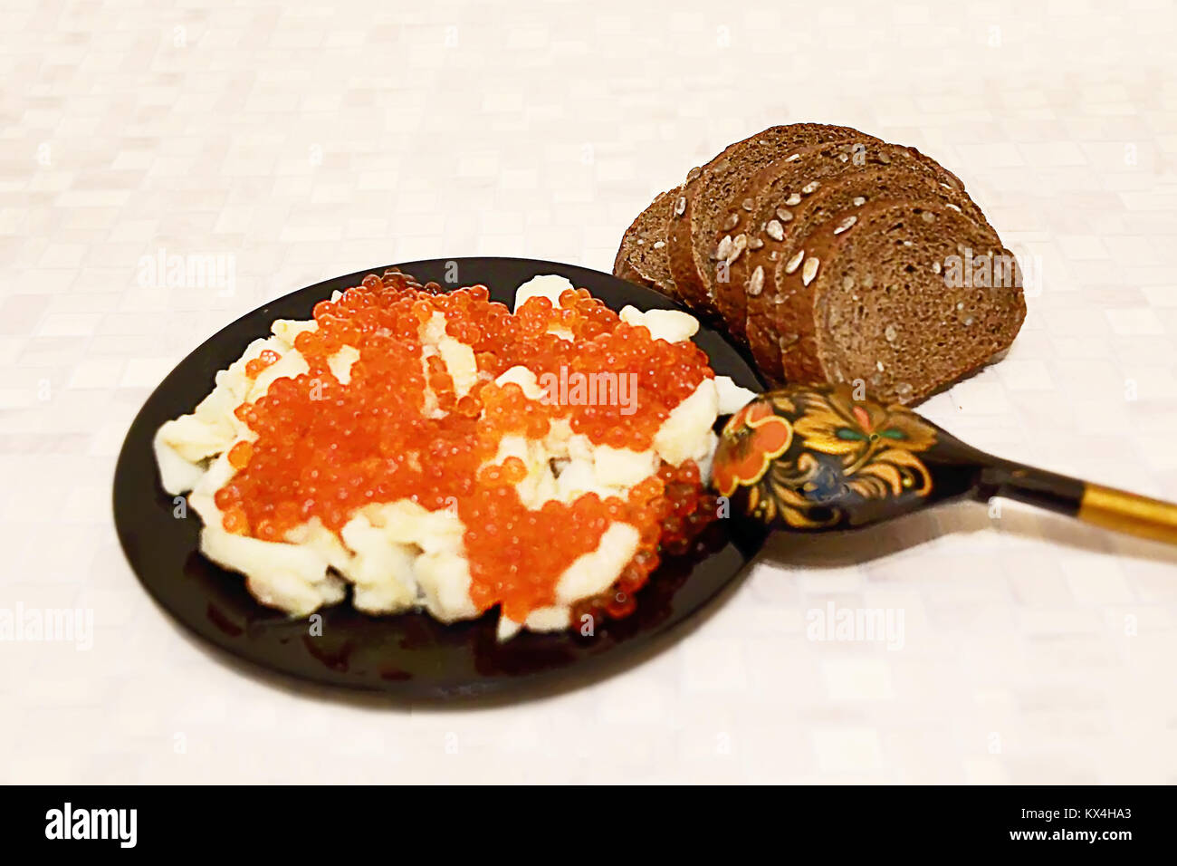 Still life with Russian national food caviar and potatoes Stock Photo ...