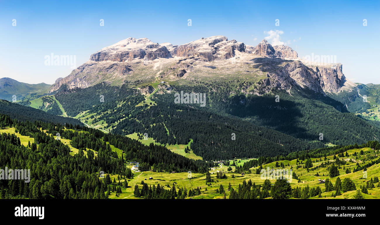 wide panorama of alta badia region, sella massif mount, on summer in ...