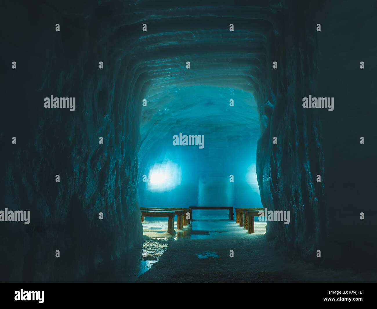 benches inside ice cave in the Langjokull glacier in Iceland Stock ...