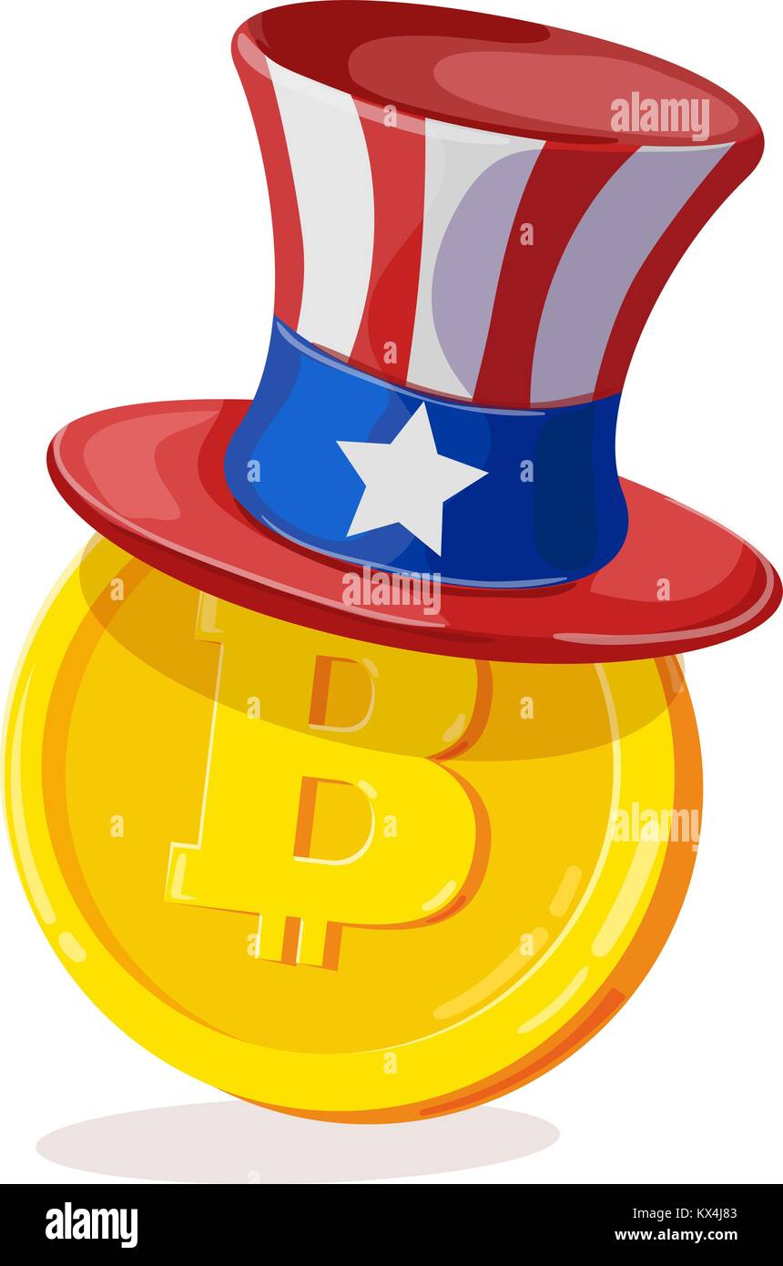 Bitcoin in American hat. Cartoon digital currency. Gold cryptocurrency ...