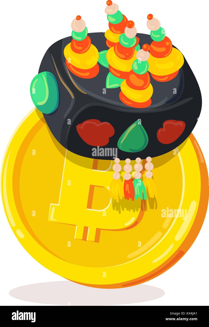 Bitcoin in korean hat. Cartoon digital currency. Gold cryptocurrency ...