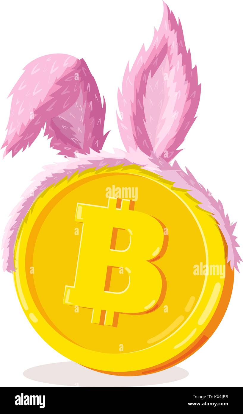 Bitcoin in rabbit ears. Cartoon digital currency. Gold cryptocurrency ...