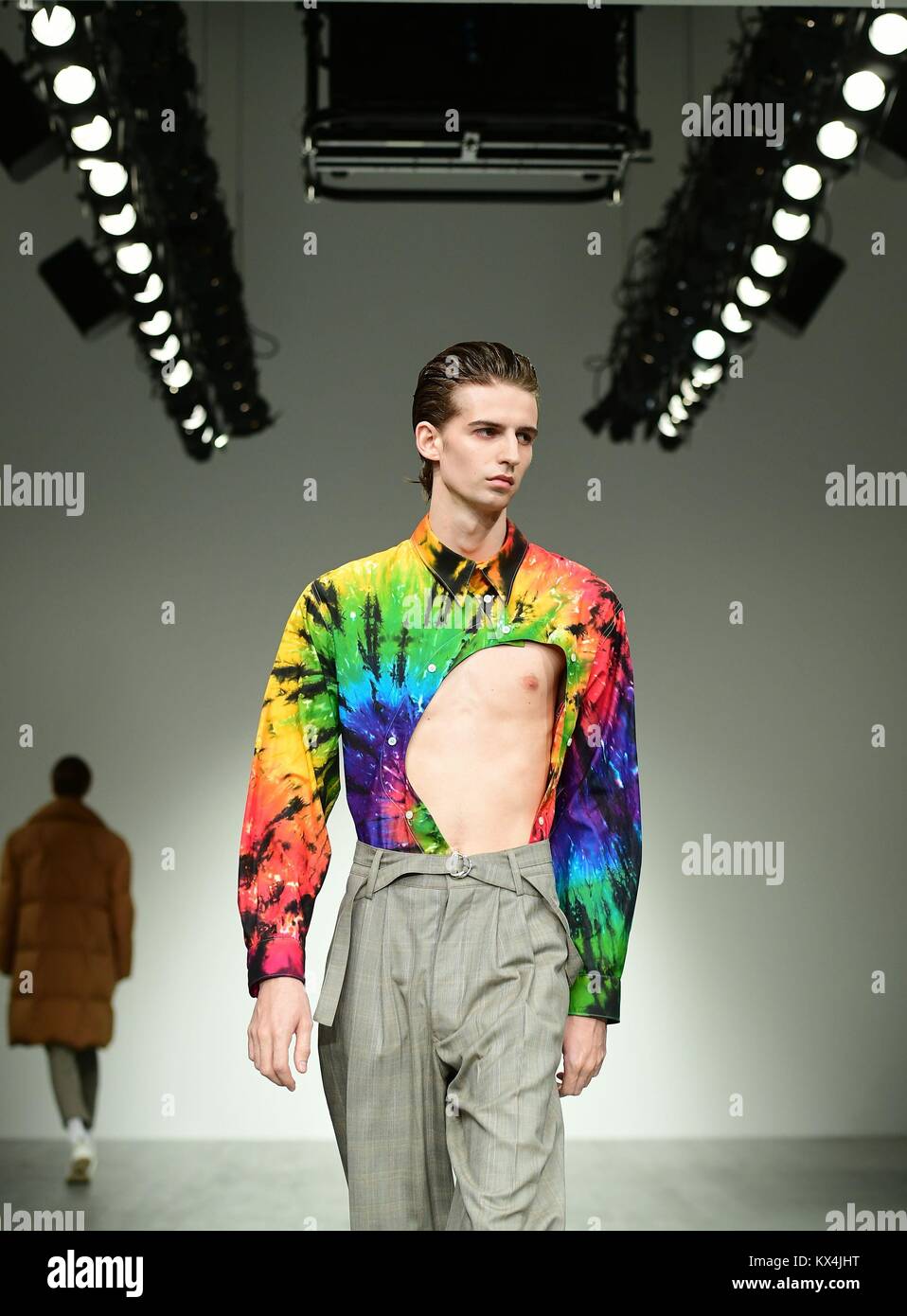 A model on the catwalk during the Alex Mullins London Fashion Week Men ...