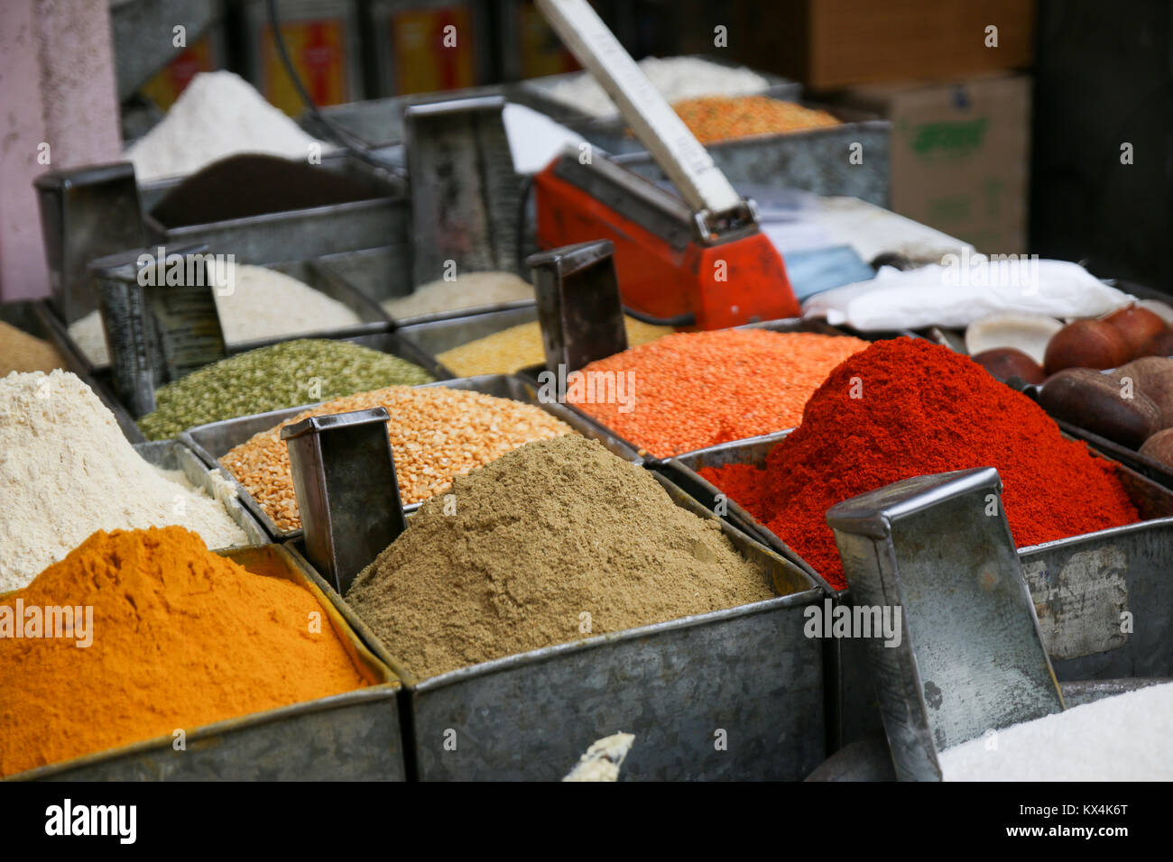 Various spices and herbs sold on a traditional market in India Stock ...