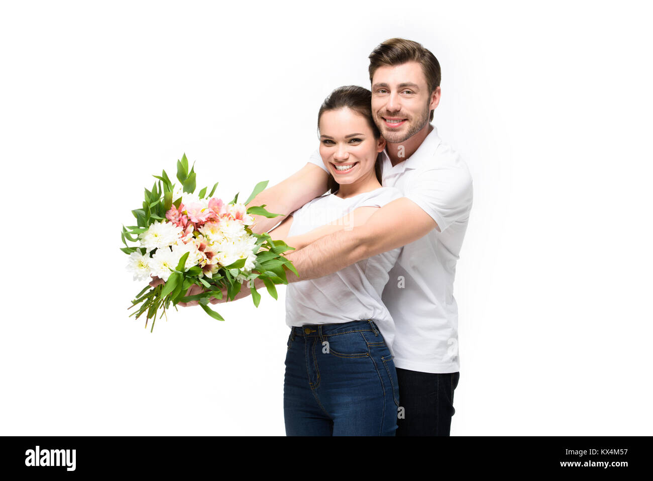 couple with bouquet of flowers Stock Photo - Alamy