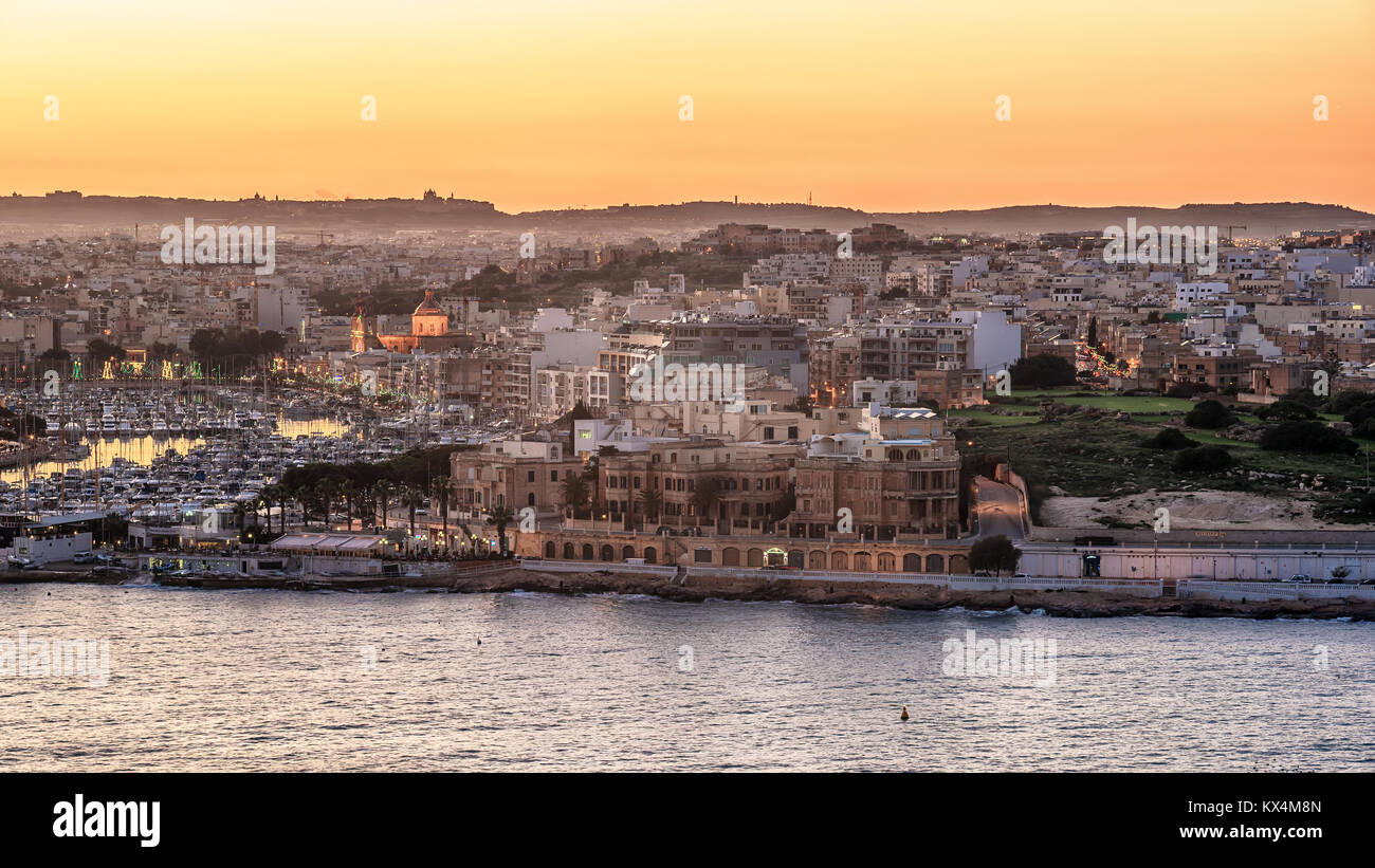 Malta: Il-Gzira and Marsans Harbour. Aerial view from city walls of ...