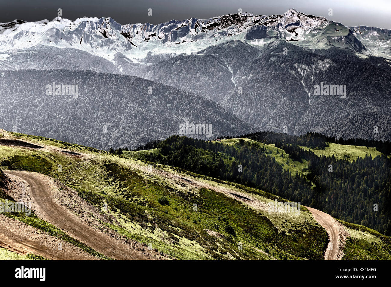 Surreal mountain landscape: steep mountains covered with forests, form ...